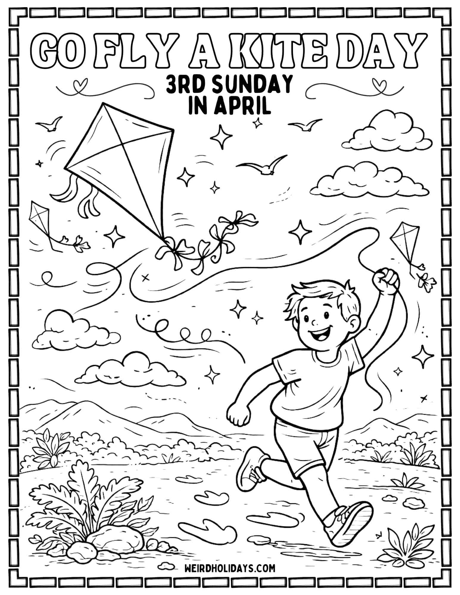 Go Fly a Kite Day (3rd Sunday in April) + Ideas & Free Coloring Page