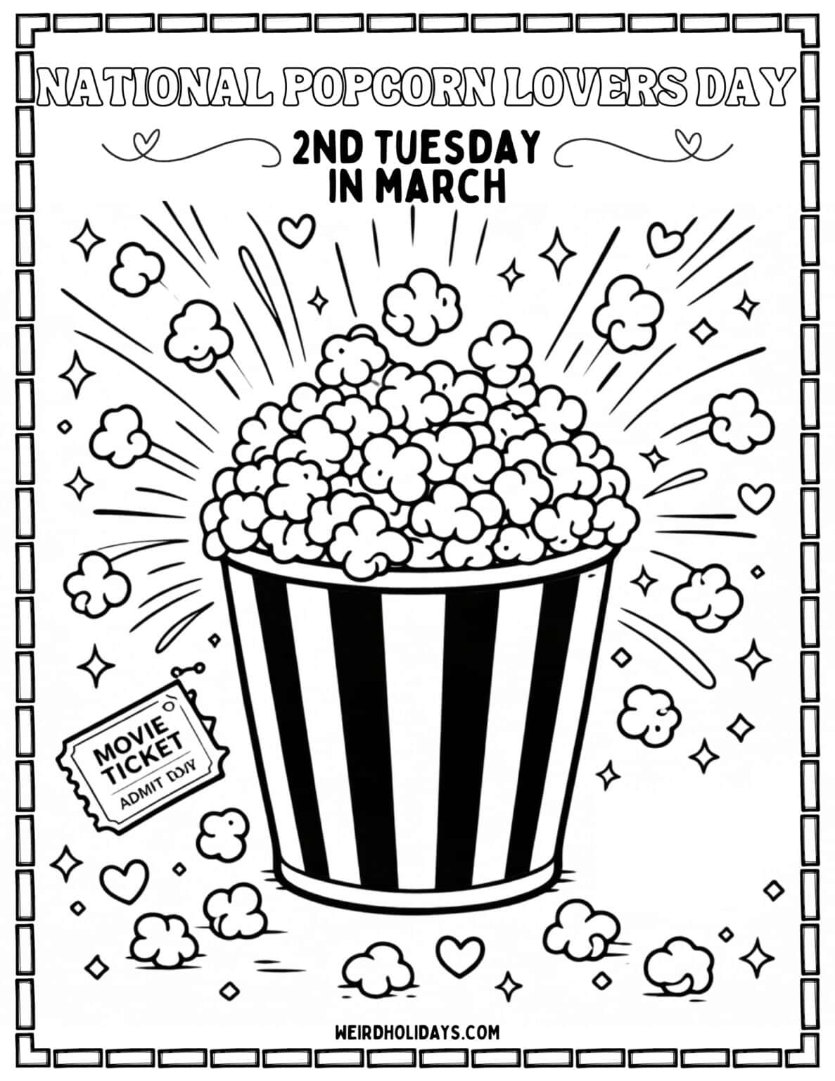 National Popcorn Lovers Day (2nd Thursday in March) + Color Page